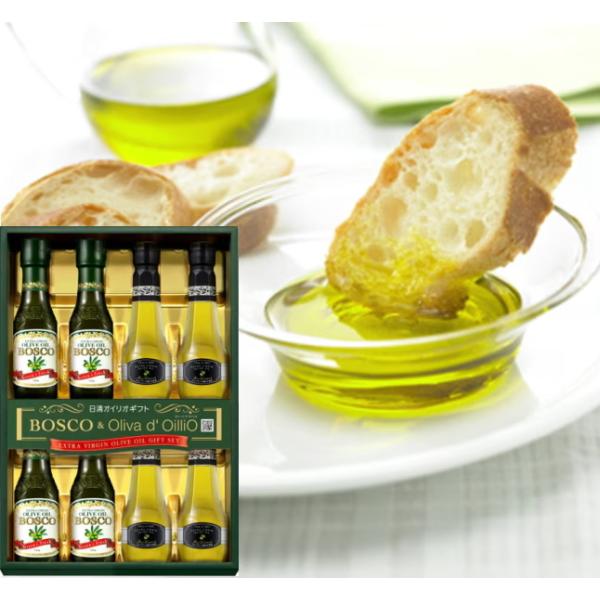 おなじみのボスコエキストラバージンオリーブオイルとギフト限定オリーバデオイリオエキストラバージンオリーブオイルオヒブランカの詰め合わせギフト。２種類の食べ比べができます。●ボスコエキストラバージンオリーブオイル１４０ｇ×４、オリーバデオイリ...