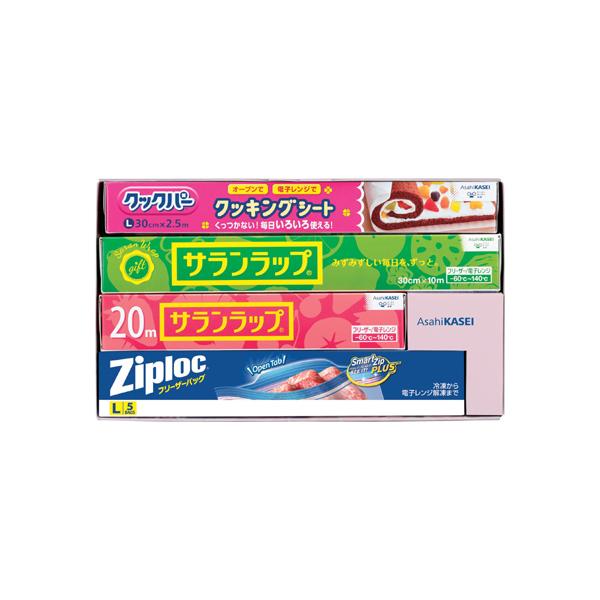 旭化成 サランラップバラエティギフト SVG10B●商品内容 クックパークッキングシートLサイズ（30cm×2.5m）、サランラップ（30cm×10m・22cm×20m）、ジップロックフリーザーバッグL5枚 ●パッケージサイズ 箱186×3...