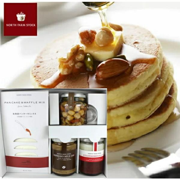 NORTH FARM STOCK　ノースファームストックバラエティセット◎商品内容◎内容量：北海道パンケーキミックス×1個 ・ハニーナッツ（北海道ハチミツ）×1個 ・エスプレッソミルクジャム×1個 ・ストロベリーミルクジャム×1個外装サイズ...