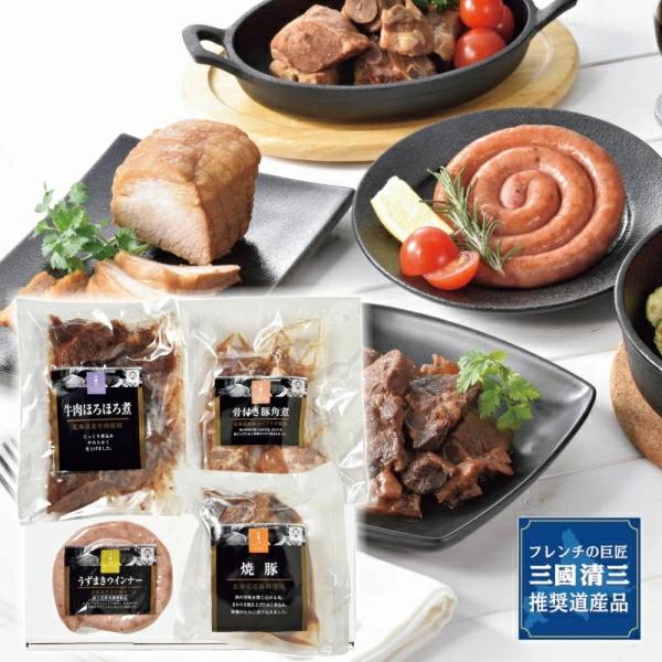 北海道産素材にこだわった、食べ応えのある肉ギフト手作り製法にこだわり、北海道産の豚肉・牛肉を使用したセットです。商品内容：三國推奨牛肉ほろほろ煮/220g、三國推奨焼豚/270g、三國推奨骨付き豚角煮/190g、三國推奨うずまきウインナー/...