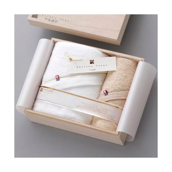 今治タオル　今治謹製至福タオル　木箱入り　バスタオル１枚・フェイスタオル１枚セットセット内容  バスタオル 約60×110cm×1枚/ フェイスタオル 約33×75cm×1枚材質  綿100%　日本製（今治製）箱サイズ  25×35×8cm...