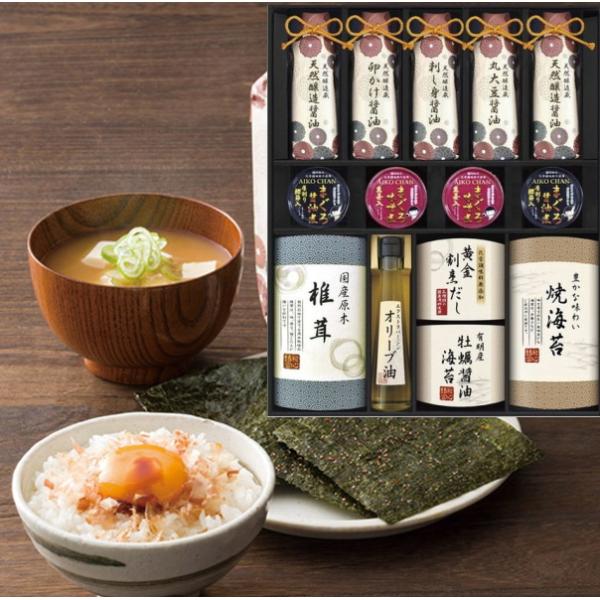 ●自然の寒暖差でゆっくりと発酵・熟成させる「天然醸造」で造られたお醤油と常備しておきたい海苔や本枯れ鰹節などを詰め合わせたどなたにも喜ばれるギフトセットです。 ●商品内容/国産焼き海苔(全型3枚入)・天然醸造蔵仕込み(卵かけ醤油・刺し身醤油...