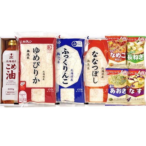 商品名■味彩味彩 旬彩米ギフト HH-C商品内容■ホクレン (北海道こめ油)/600ｇ、(無洗米ゆめぴりか・無洗米ふっくりんこ・無洗米ななつぼし)/各300ｇ、アマノフーズ いつものおみそ汁(長ねぎ・なす・なめこ・あおさ)/各1食※パッケー...