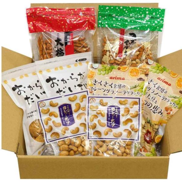 健康！美味しい！さとうの豆菓子＋おからのお菓子セット≪セット内容≫◎スギウラ　大柿　1袋◎スギウラ　つぶセサミ　1袋◎おからだだいずに　2袋◎こんがりカシューナッツ　2袋◎サクサク食感のフルーツグラノーラクラッカー香ばし黒大豆とナッツの恵み　2袋