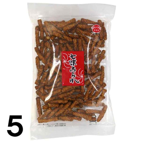 岐阜県羽島市の塗壁製菓。主力商品の1つ「七味あられ。」厳選された岐阜県産水稲もち米を使用したこだわりの商品。細長いあられ生地にピリッと辛い唐辛子味の秘伝のたれをかけて仕上げました。　唐辛子マーク5つの辛さです。