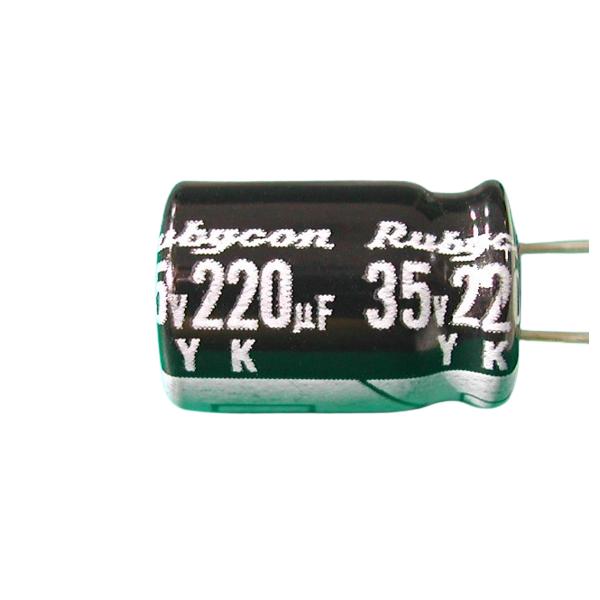 製品概要：アルミ電解コンデンサメーカー：ルビコンシリーズ：YK動作温度：-40℃~85℃静電容量：220uF定格電圧：35V許容誤差：±20％実装タイプ：DIPオーディオ用途にいかがでしょうか？