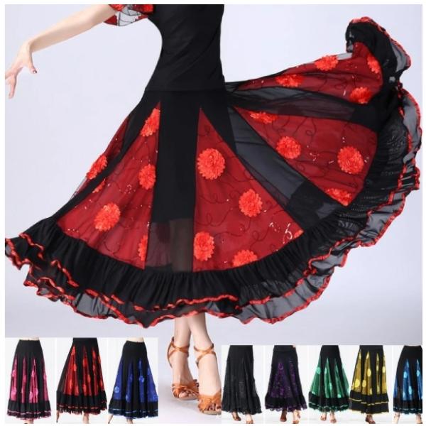 【お取り寄せ商品】セット内容：フラメンコスカートのみ商品説明：3サイズ8色展開社交ダンス　衣装　スカート　モダンドレス　ロングスカート　裾フリル　花　フワラー付き　広がるダンス　スカート　ワルツ　ダンス　練習着　レッスンウェア　スパンコール...