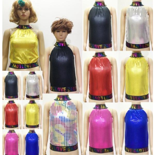 商品説明タンクトップ、7色、6サイズに展開。ダンスなど大きな動きに最適。パール風メタリック生地は表面にプリントコーティングしてあり、発色がとても美しく輝く。光を反射し、舞台衣装として抜群！