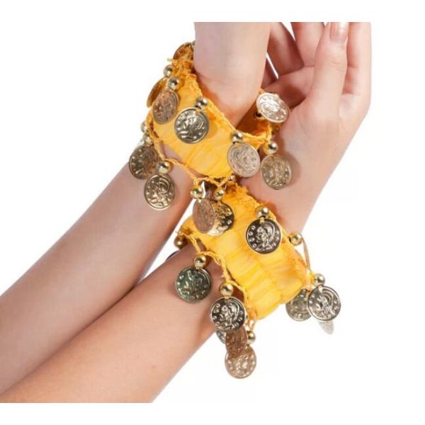 コイン付腕ブレス（2枚組）:両側各9枚で、合計18枚コイン付、腕周り18cm、幅3.5cm、ゴム仕様につき伸縮性あり