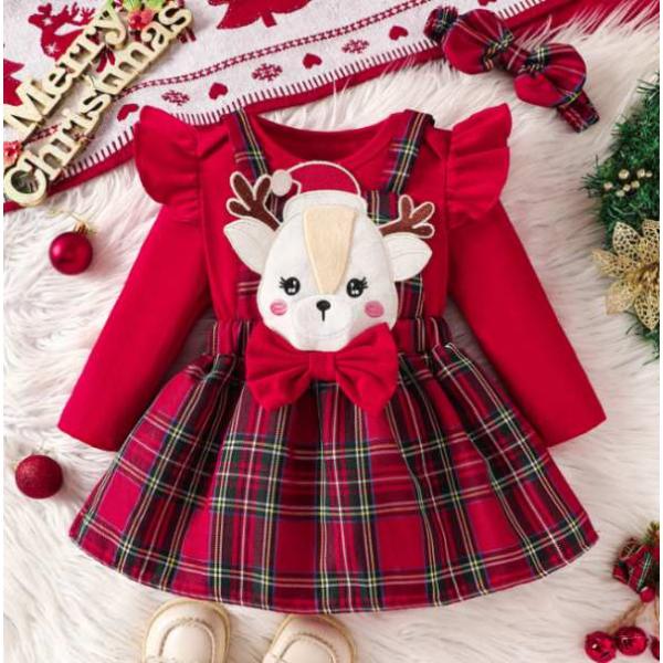 お取り寄せ商品【髪クリップ+ロンパース+スカート】ベビー きぐるみ パジャマ キッズ ロンパース 女の子 防寒 部屋着 クリスマス　サンダー衣装 幼稚園 パーティークリスマスイブ トナカイ鹿 冬 雪だるま サンタクロース クリスマスツリー ...