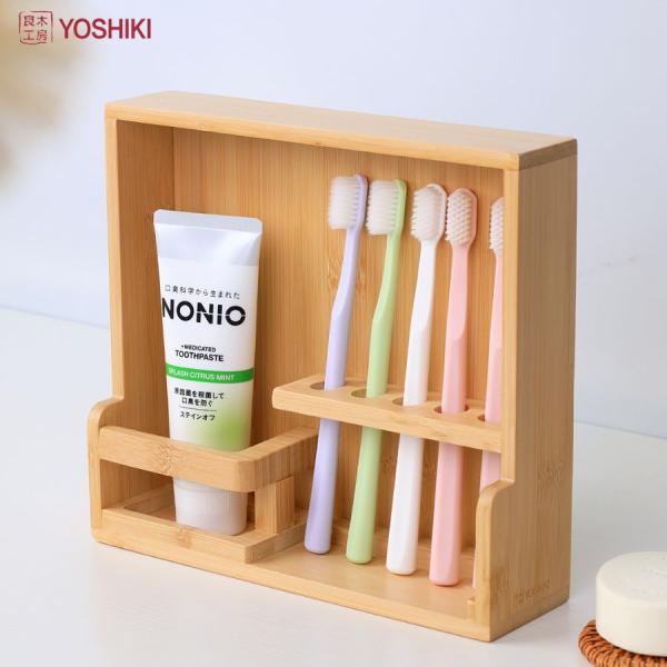 ＼ 洗面所をすっきり美しく ／天然竹の歯ブラシスタンドナチュラルな竹製デザイン。歯ブラシや電動歯ブラシ、歯磨き粉をすっきり収納し、生活感を隠せるスタンドです。■ 歯ブラシ5本＋歯磨き粉をすっきり収納家族で使えるゆとりの収納力。歯ブラシを最大...