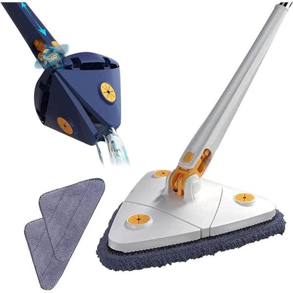 多機能三角モップ 、伸縮式三角モップ、360°回転調節可能なクリーニングモップ、多機能清掃モップ 手動水絞り機能付き、 モップ布 2 枚付き