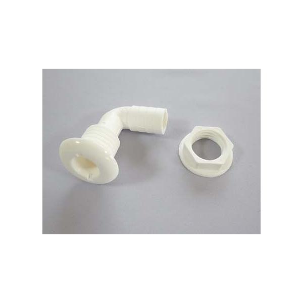 TH-Marine社製の樹脂製L型スルハルです。品番はTH-7592です。適合ホースの内径は3/4インチ(19.1mm)です。またネジ径は1インチ(50.8mm)になります。その他のサイズは画像をご覧ください。