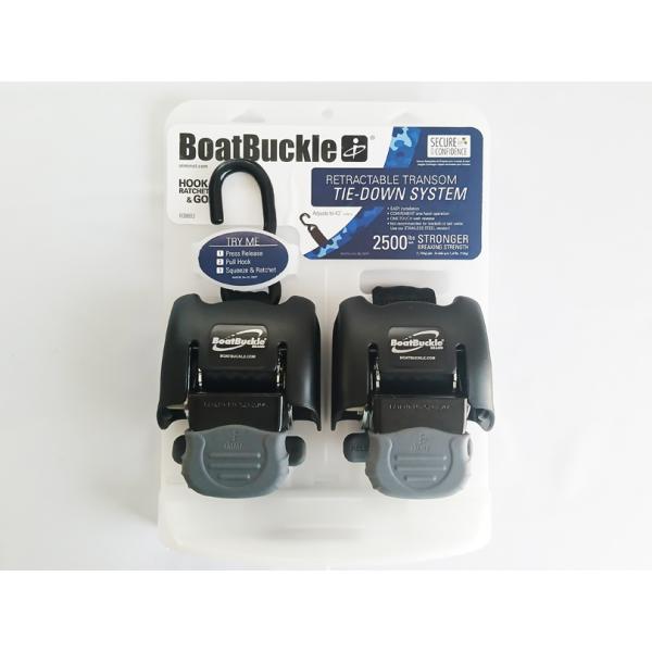 アメリカの大手メーカーIMMI社の BOATBUCKLE ボートバックル トランラム用 リトラクタブル トランサム ラチェット タイダウンベルトの2個セットです。品番はF08893です。スチール/樹脂製で、ベルト幅は2インチ（約5cm)でベ...
