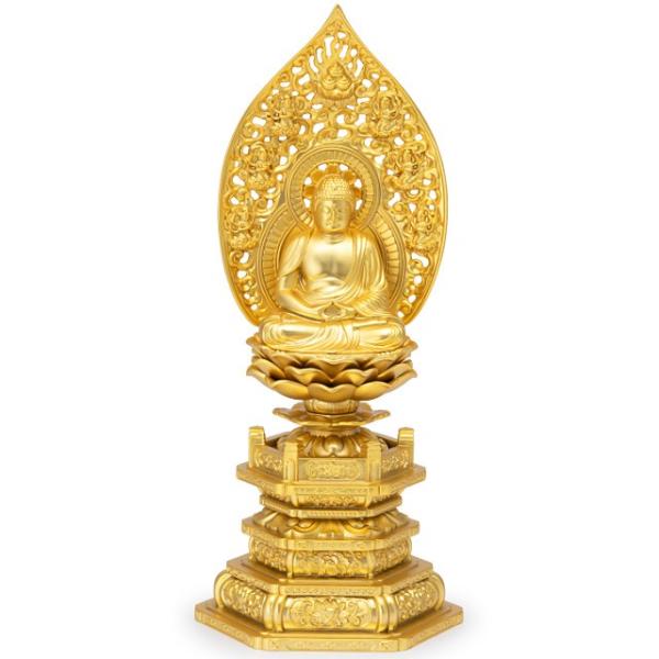 寸法：高さ21.5cm×巾9.5cm×奥行6.7cm材質：合金製金メッキ仕上げ生産地：富山県高岡製備考：仏師 牧田秀雲 作釈迦如来は曹洞宗・臨済宗のご本尊です。