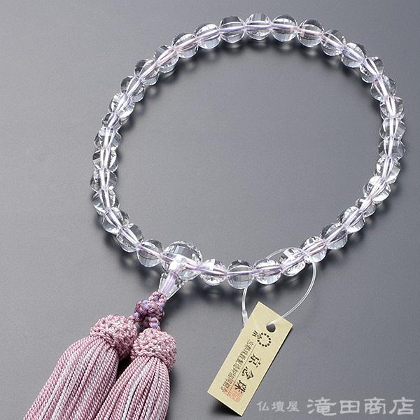 珠の素材：本水晶 ステップカット 8mm玉房の素材：正絹頭付房（灰桜色/白色）備考：数珠袋付き、数珠は桐箱入りすべての宗派でお使いいただける女性用の念珠です。本水晶 ステップカットの8mm玉を使用しました。正絹の頭付房がついています。数珠袋...