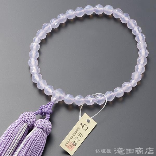 珠の素材：パープル瑪瑙 ジュエリー切子カット 8mm玉房の素材：正絹頭付房（藤色/白色）備考：数珠袋付き、数珠は桐箱入りすべての宗派でお使いいただける女性用の念珠です。パープル瑪瑙 ジュエリー切子カットの8mm玉を使用しました。正絹の頭付房...
