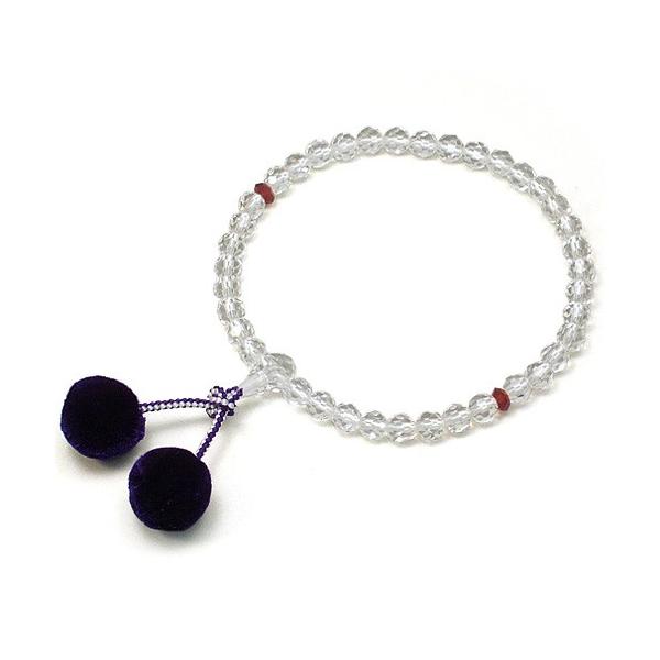 珠の素材：水晶切子 7mm玉房の素材：正絹梵天房備考：桐箱入りすべての宗派でお使いいただける女性用の念珠です。水晶切子の7mm玉を使用し、二天玉にメノーを使用しました。正絹の梵天房がついています。桐箱に入れてお届けします。水晶はクリスタルと...