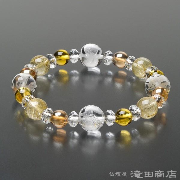 珠の素材：四神彫り本水晶 丸玉（12mm）　　　　　ルチルクオーツ 丸玉（10mm）　　　　　黄水晶 丸玉（8mm）　　　　　ゴールドオーラ 丸玉（8mm）　　　　　本水晶 スターシェイプカット玉（7mm×5mm）中糸の素材：オペロンゴム（...