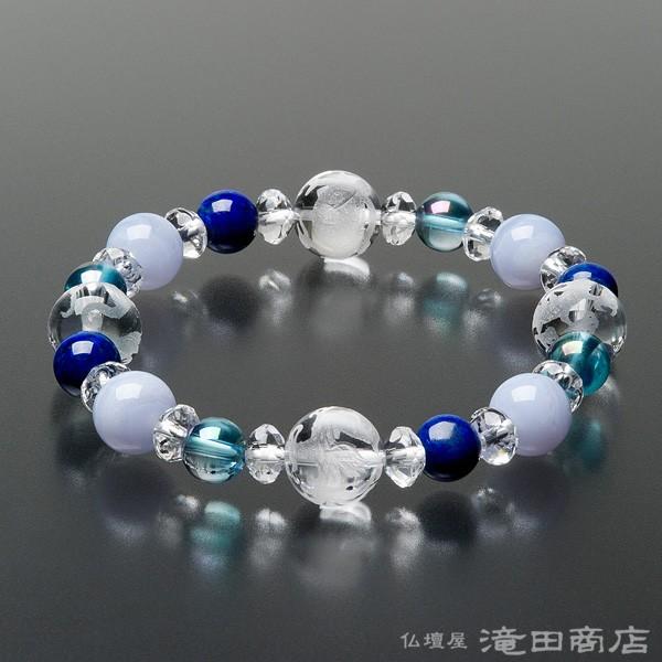 珠の素材：四神彫り本水晶 丸玉（12mm）　　　　　ブルーカルセドニー 丸玉（10mm）　　　　　ラピス 丸玉（8mm）　　　　　ブルーオーラ 丸玉（8mm）　　　　　本水晶 スターシェイプカット玉（7mm×5mm）中糸の素材：オペロンゴム...