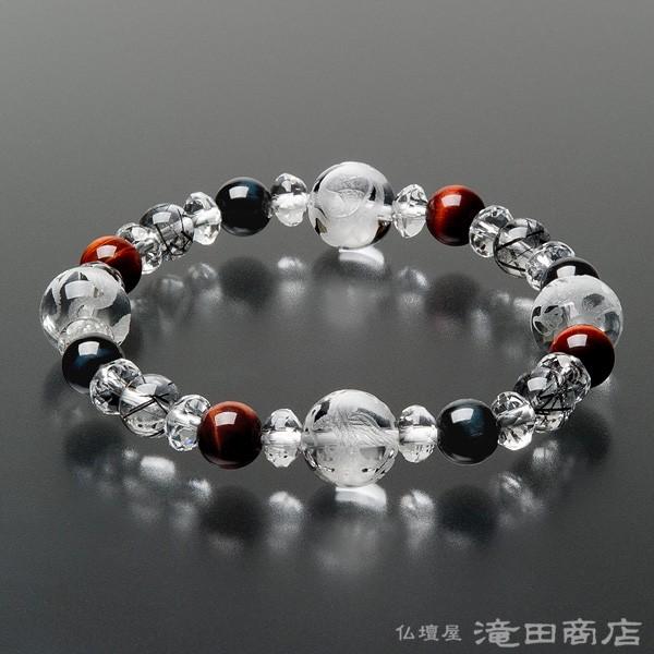 珠の素材：四神彫り本水晶 丸玉（12mm）　　　　　ブラックルチルクオーツ 丸玉（8mm）　　　　　青虎目石 丸玉（8mm）　　　　　赤虎目石 丸玉（8mm）　　　　　本水晶 スターシェイプカット玉（7mm×5mm）中糸の素材：オペロンゴム...