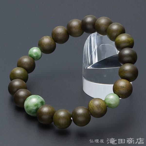 珠の素材：緑檀 10mm玉 （尺六玉）　　　　　親珠・2天珠に独山玉を使用中糸の素材：オペロンゴム（シリコンゴム）サイズ：下記のサイズよりお選び下さい　　　　・内周 約16.5cm　　　　・内周 約17.5cm備考：携帯用ポーチ袋付き木玉と...