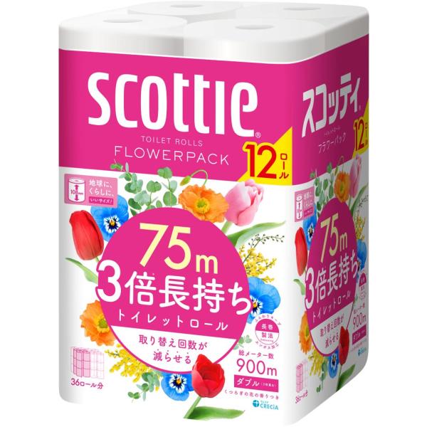 （検索用：スコッティ SCOTTIE トイレットペーパー トイレットロール 3倍長持ち 3倍巻 長巻 ダブル 12ロール 75メートル 4901750227401）