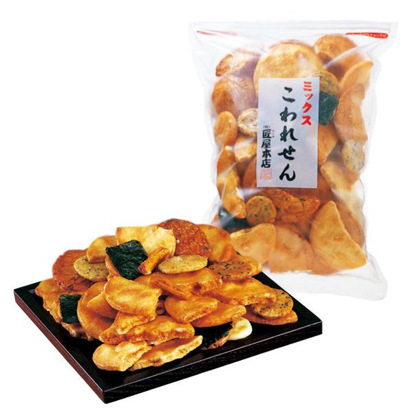 保存に便利なチャック付き袋に入った割れせんです。・内容：たくみ焼、職人造り、ねぎみそひび、その他数種類　合計360g・国内産米100％使用栄養成分表示(100ｇあたり)エネルギー：386kcal、たんぱく質：7.9ｇ、脂質：3.2ｇ、炭水化...