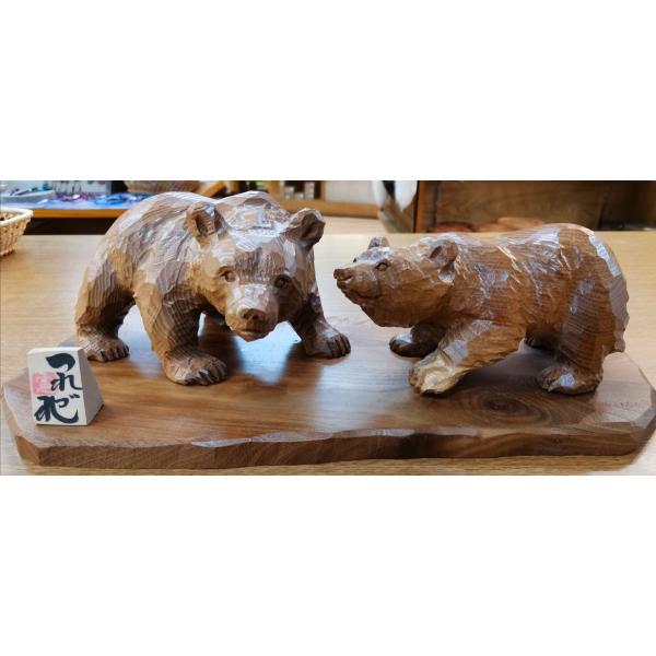 夫婦の木彫り熊です。台に固定されていないため、向き等の配置調整が可能です。延寿とも表現され、縁起の良い木と呼ばれるエンジュ（槐）の木を使用しておりますので、お祝い等にも喜ばれると思います。サイズ縦約２０センチ横約４０センチ高さ約１２センチ※...