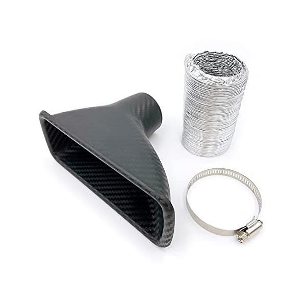 【ご購入後の当店からの連絡はご登録のメールアドレスに通知いたします。必ずご確認ください】ドライカーボン風のエアインテークダクト(エアダクト)です。 大きな面積でクリーンエアーをキャッチして、吸気冷却、ブレーキ冷却など様々な用途に使用できます...
