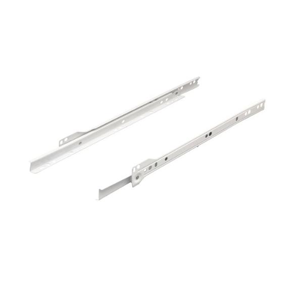 【商品概要】レールの長さは他にも250mm〜600mmの中からお選びいただけます。耐荷重25kg/ペアローラー方式：ナイロンローラー4個・2段引・底付式・セルフクロージング機能付材質/仕上：スチール、プラスチックコーティング　白推奨取付ネジ...