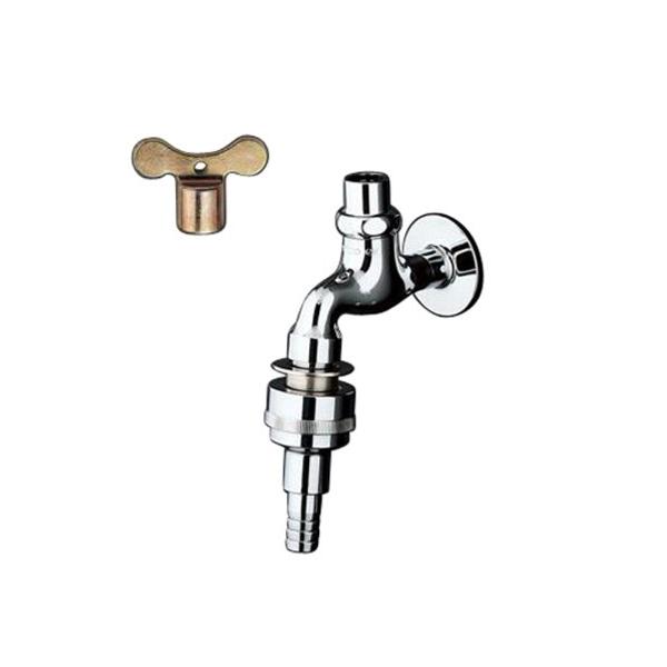 【商品概要】単水栓(横水栓)スパウト(吐水パイプ)長さ:4.5cmキー式:キー(鍵)を持っている方のみ使用できるため、集合住宅の共用部などに適している。散水ホース用差し込み金具付き。一般地・寒冷地共用【商品説明】横水栓（ホース接続形、キー式...