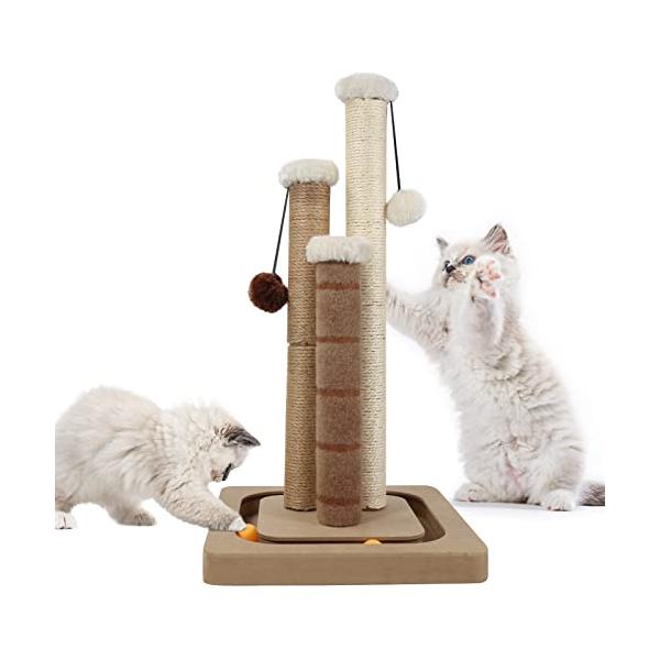 【ご購入後の当店からの連絡はご登録のメールアドレスに通知いたします。必ずご確認ください】??【猫が喜ぶ機能満載】3つ爪研ぎポール、ポンポンが2つ、また台座にはくるくる回るボールが取り付いています。3つ違う高さと材質の爪とぎポールが、様々の身...