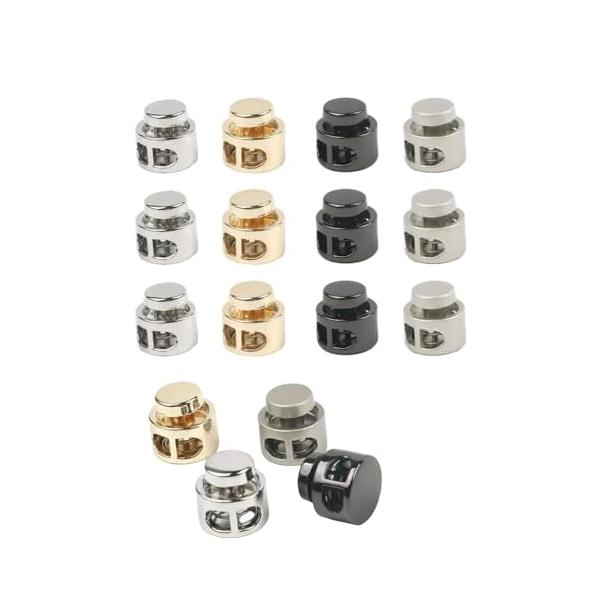 【セット内容】コード ストッパー 2穴 金属 16個セット、長さ：約12ｍｍ 横幅：約１3ｍｍ 穴の直径：約4ｍｍ、色：4色・【高品質素材】金属製スプリングバックル、平らで、強い光沢、明らかな金属感、中央にスプリングを置き、差込部を載せてし...