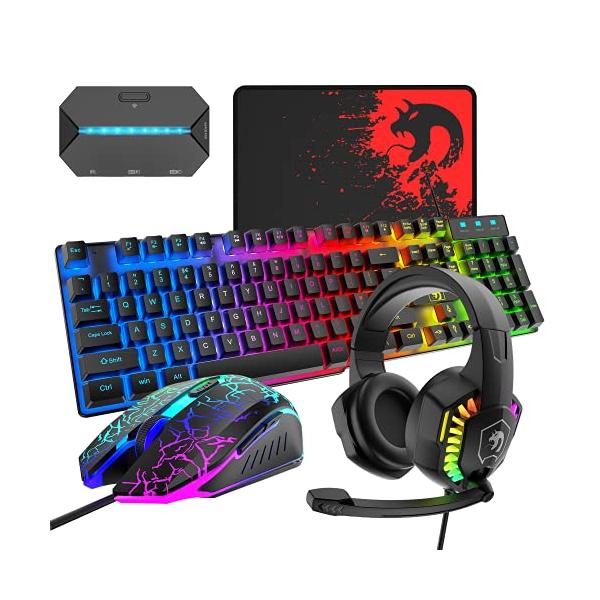 ブラック＋ヘッドセット＋コンバーター/-/-・パッケージ個数:1・虹色LEDバックライト マルチメディア虹色LEDバックライト・ゲーミングキーボード。（キーボード・ゲーミングマウスとマウスパッドセット）選択した煩悩を減らすことは、ファッショ...