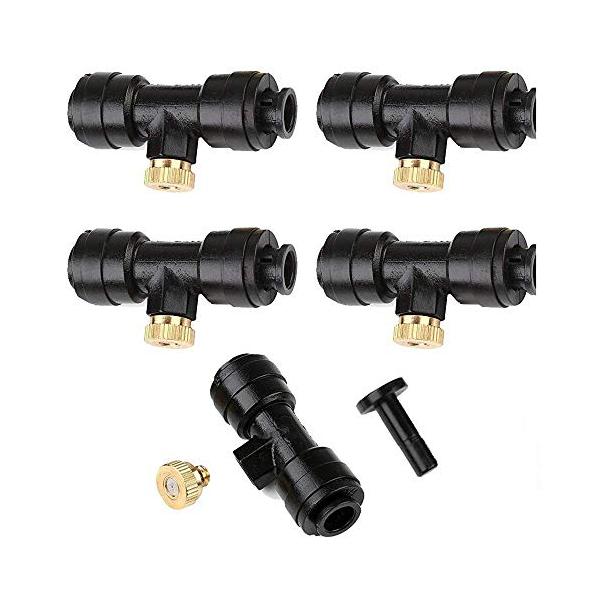 ・ブラック  ・セット内容：5×ノズルティー 5×ノズル。・商品仕様：圧力：20-70kg/cm 穴径：0.4mm 流量：80-145ml/min 作動圧力：30-450PSI。・取付方法：取付簡単、噴霧をミスト散水ホースに接続して、簡単に...