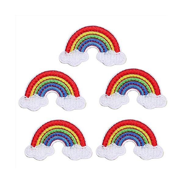 虹(1)5枚set・白、赤、黄色、黄緑、青、水色  ・・Style:虹(1)5枚set・アイロンワッペン 虹 5枚セット。サイズ 約5.1×3.2cm 　キレイな原色・存在感あるワッペンです。・レインボーカラーのにじの刺繍ワッペン。私のマー...