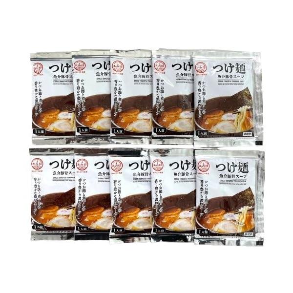 10食ずつのセット販売、魚介つけ麺スープ・約150mlの熱湯またはがらスープで薄めてご使用ください。・開封後は、よくしぼり出し1回で使い切ってください。・原材料ポークエキス（国内製造）、しょうゆ、砂糖、食用油脂、食塩、チキンエキス、かつおぶ...