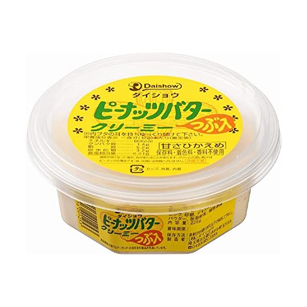 -/225g/-・Size:225g・パッケージ個数:1・内容量:225g・原材料:ピーナッツバター、ショートニング、砂糖、ピーナッツ粒、デキストリン、クリーミングパウダー、脱脂粉乳・商品サイズ(高さ×奥行×幅):60mm×130mm×130mm