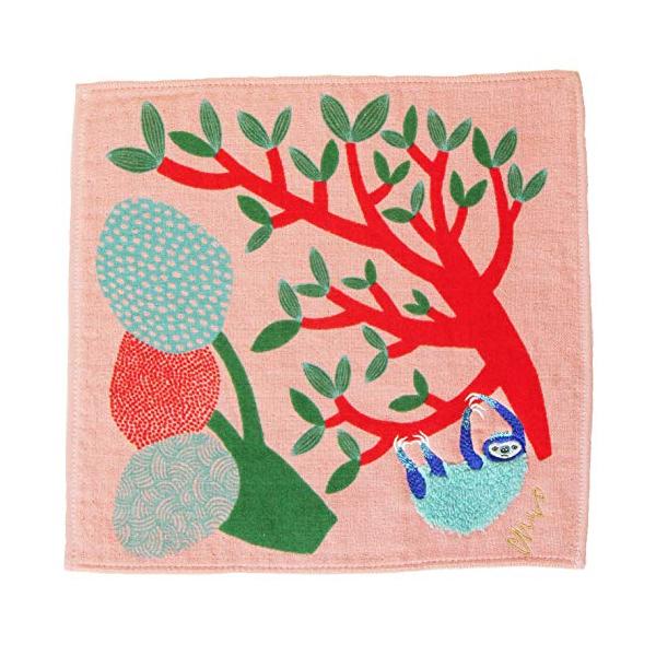 シンプル樹林ナマケモノ サーモンピンク/25cm×25cm/A-67069-86-SP・PatternName:ナマケモノ・パッケージ個数:1・モコモコパイルに刺しゅうがポイント。2通りの風合いを楽しめるガーゼ・パイル織りです。・挿絵画家m...