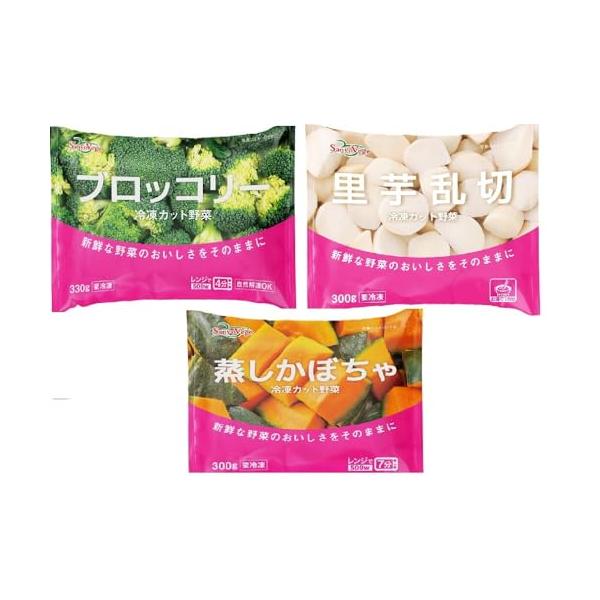FlavorName:便利な冷凍野菜セット・ブロッコリーエネルギー37kcal、たんぱく質5.4g、脂質0.6g、炭水化物6.6g、食塩相当量0.02g・里芋エネルギー33kcal、たんぱく質1.5g、脂質0.1g、炭水化物13.1g、食塩...
