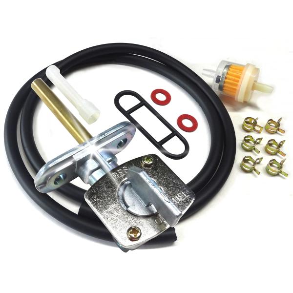 スズキ用の汎用ガソリンコック、ガソリンフィルター、燃料 ホースｘ1m 、ホースクランプｘ6個付き。適合車種：グラストラッカー ビッグボーイ バンバン200 ジェベル200 125 ボルティー ST250 DF200 NJ47A NJ4BA ...