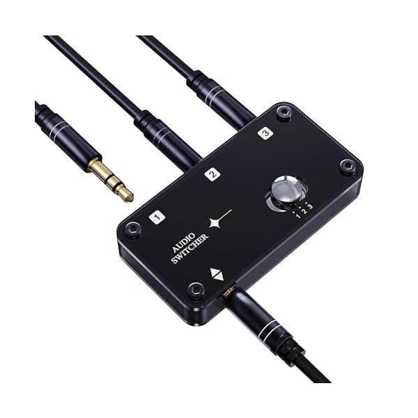 ブラック/Small/A06・双方向3.5mmオーディオスイッチプラグアンドプレイ、電源不要。 1X3（1つの入力から3つの出力へ）または3X1（3つの入力から1つの出力へ）3.5mmインターフェースオーディオセレクターは、複数のオーディオ...