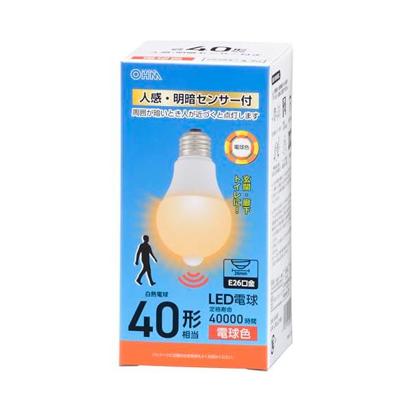 電球色/40形/LDA5L-G PIR6・Size:40形Color:電球色・パッケージ個数:1・ 特 長 　周囲が暗い時、人の動きを検知して自動で点灯します　人の動きがなくなると約90秒後に消灯をお知らせするモードに移り、自動消灯します。...
