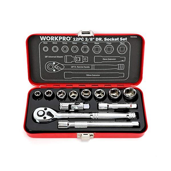 ・グレー  ・【セット内容】差込角9.5mm（3/8インチ）のツールセットです。クイックリリースラチェットハンドル、ユニバーサルジョイント、エクステンションバー2pc、メートル製ソケット8pc（8、10、12、13、14、15、17、19m...