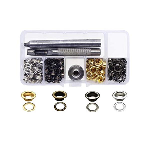 ・4色 6mm ・商品内容：ハトメ30組×4色、打ち台×1、ハトメパンチ×1、打ち棒×1、収納ケース×1; 両面 ハトメ 内径：0.6cm 外径：1.0cm・ボタンは、丈夫で耐久性が強い銅材料で作られています。錆にくく、より耐久性が強くなり...