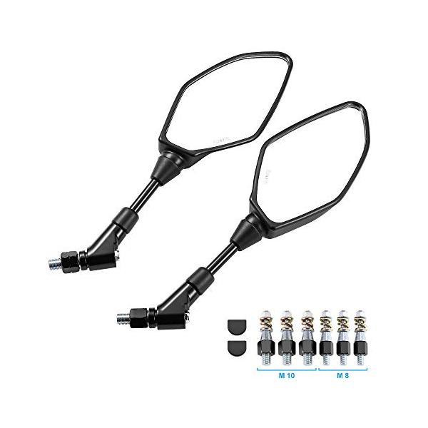 ・ミラー本体  ・【セット内容】左右セット、10MMネジ*3（正ネジ2個、逆ネジ1個）、8MMネジ*3 （正ネジ2個、逆ネジ1個）、防水キャップ２個、ピッチ1.25。材質：CNC加工、ABSプラスチック・【広い視界】ミラーとアーム間でボール...