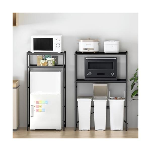 ティアシェルフブラック/横幅伸縮60〜80cm×奥行42×高さ125cm/SH26・Color:ブラック・??横幅伸縮60〜80cm無段階調整できる伸縮デザインで、ラックの下は小型冷蔵庫、小型洗濯機、するゴミ箱の数やサイズ、収納部や置く場所...