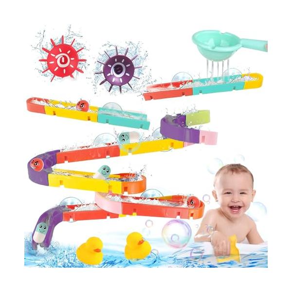 44pcs・Style:44pcs・ウォータースライダーあひるが水の滑り台をスイスイ流れていきます。レールと一緒に水車も付属されており、水の力でくるくる回転も可能。浴室だけでなく、レールはお水がなくても組み立てられます。