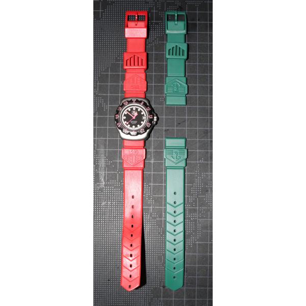 タグホイヤー フォーミュラ 1 純正風 緑色 グリーン系 ラバーベルト 18mm TAG Heuer F1 です。ご注意！純正ベルトではございません。純正風ベルトです。フォーミュラ-1用にアメリカで作られた物です。純正風デザインで違和感ない...
